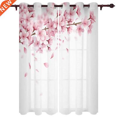 Pink Flower Cherry Blossoms White Window Curtains for