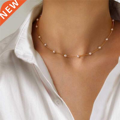 New Beads Women's Neck Chain Kpop Pearl Choker Necklace Gold