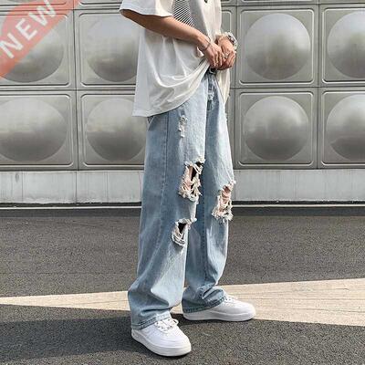 High Set Ripped Jeans Male Ins Tide Brand Hip-hop Wide-leg P