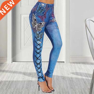 New Lady Seamless Prnted Faux Jeans Pants Hgh Wast Sknny