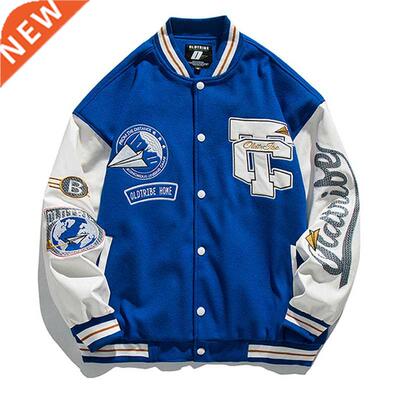 Embroidery Blue Bomber Jacket Men Vintage Leather Sleeve Var