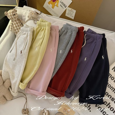 Spring韩国童装2024秋冬新款慵懒显瘦纯色刺绣抽绳韩版卫裤亲子款