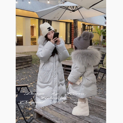 Spring韩国童装2024冬季亲子狐狸毛领韩版长款羽绒服女童保暖外套