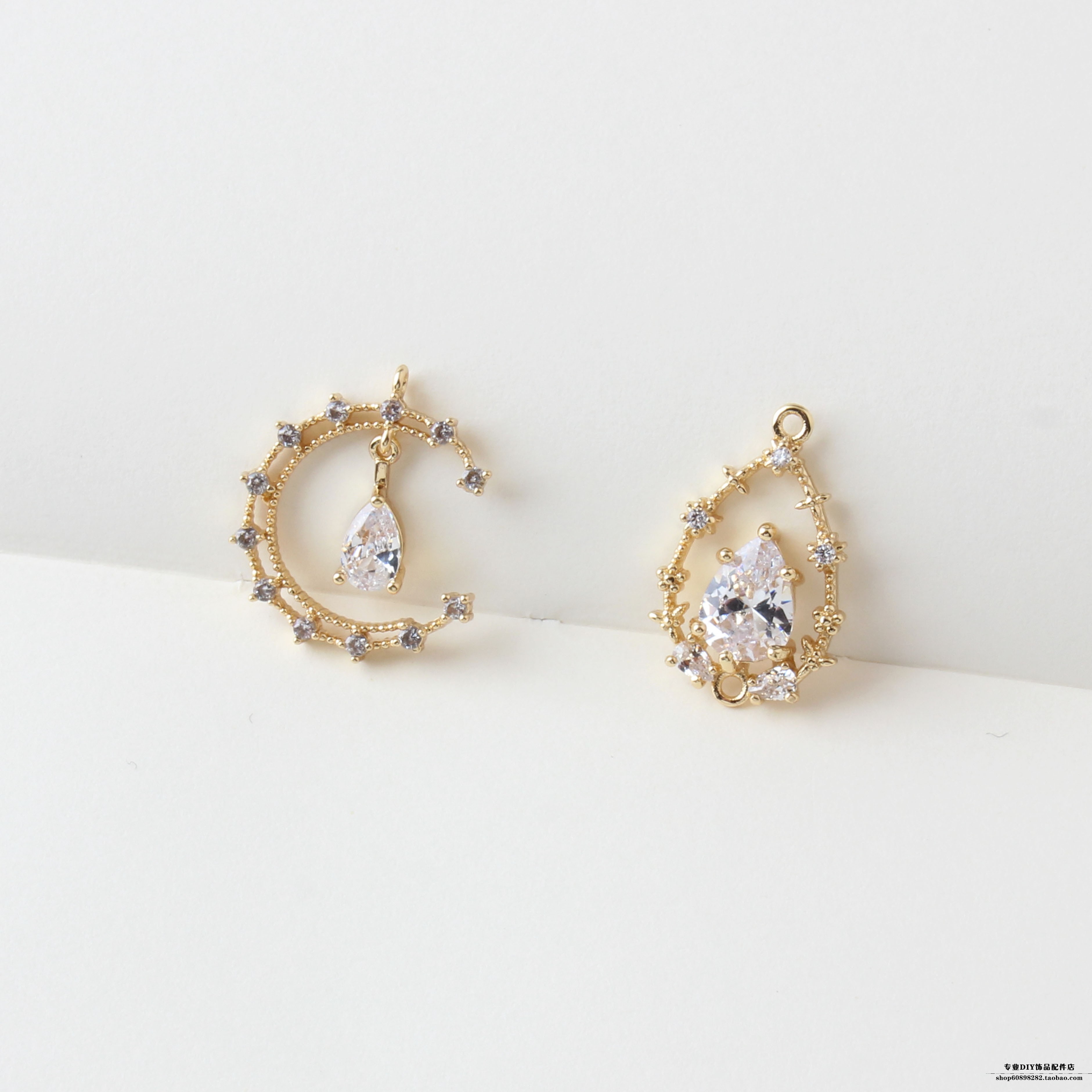 保色铜镀18K真金色镶钻锆石月亮水滴diy耳饰材料配件_虎窝淘
