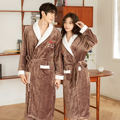 法兰绒男士睡袍女士情侣睡衣秋冬季珊瑚绒浴袍式加厚保暖长款居家