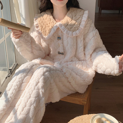 睡衣女秋冬季珊瑚绒加厚加绒保暖甜美开衫公主风法兰绒家居服套装