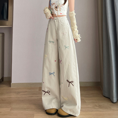 蝴蝶结刺绣牛仔裤女2026新款独特宽松显瘦阔腿裤巨好看百搭的裤子