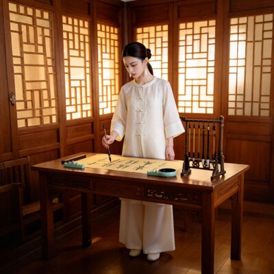 9257云栖茶语新中式圆领禅意套装春秋新款盘扣宽松打坐琴艺练功服