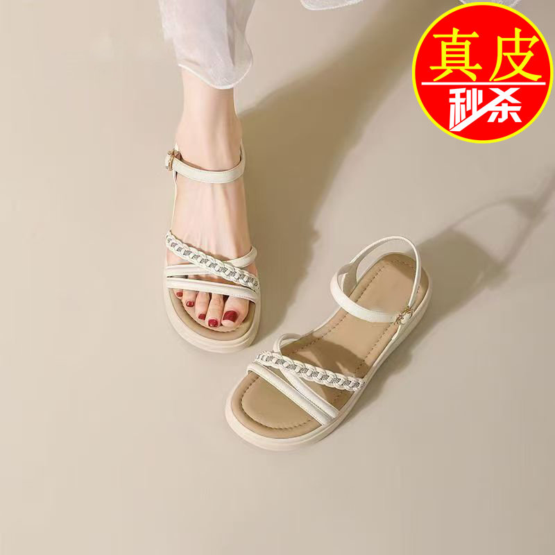 品牌撤柜真皮厚底一字带凉鞋女2025夏季新款绝美软底不累脚凉鞋女