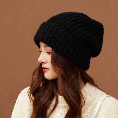 巨大秋冬黑色粗针织保暖毛线帽