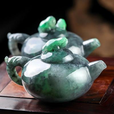 羊子珠宝 一壶清欢  细腻乌鸡料飘绿花古朴翡翠茶壶一对出1.10