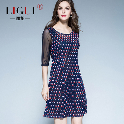 丽柜原创台湾纱弹性中长修身显瘦连衣裙大码中袖A字裙妈妈连衣裙