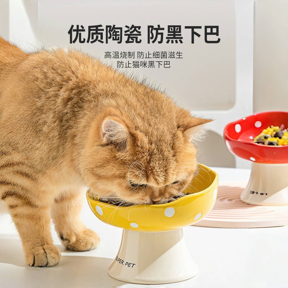 蘑菇猫碗陶瓷护颈宠物猫咪狗狗斜口防打翻防黑下巴高脚喝水猫食盆