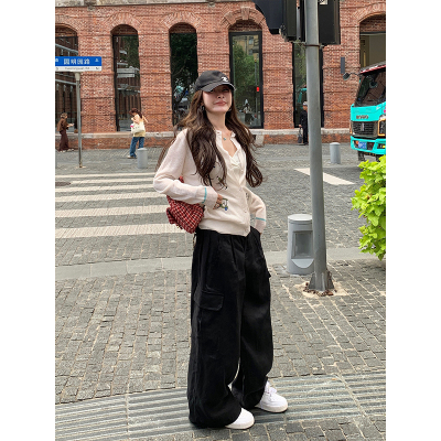 黑色亚麻裤子女早秋宽松工装裤