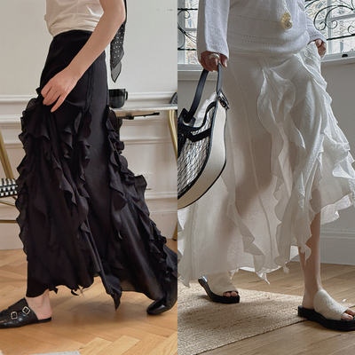 TOP家 层层叠叠 法式浪漫复古氛围感飘逸堆叠荷叶边松紧腰半身裙