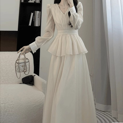 有里布春季长袖连衣裙气质高端荷叶边假两件法式大摆长裙D0384