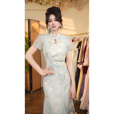 有里布夏季显瘦女新中式设计感2025新连衣裙收腰短袖长裙D1674