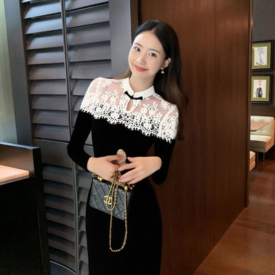 2026春季新款无拉链设计感新中式蕾丝撞色拼接包臀连衣裙D4258