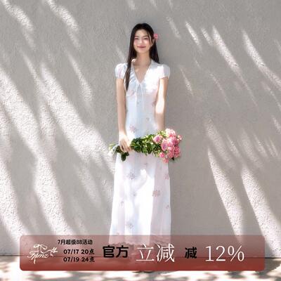 FPMZ法式复古v领绑带碎花条纹连衣裙度假风蕾丝边泡袖翻领夏长裙