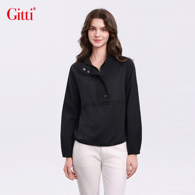 立领拼接长袖衬衫女宽松大码棉