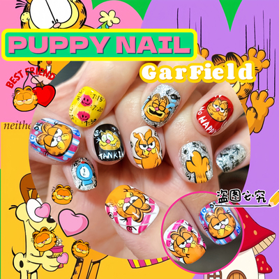 PUPPY家 加菲猫手绘穿戴甲可爱卡通Garfield重工秋冬圣诞新年美甲