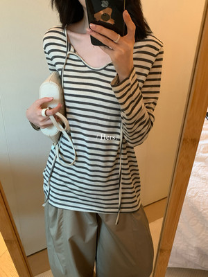早秋新款Hers淡人感慵懒休闲后背系带条纹长袖T恤女休闲百搭