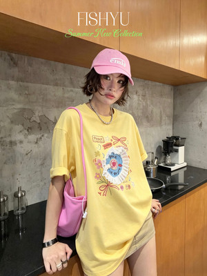 FISH YU夏印花拼接蕾丝花边立体蝴蝶结宽松圆领大版短袖T恤26229