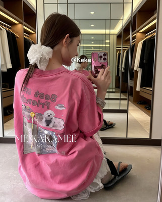 ME KAKAMEE夏新款洗水立体扣子工艺喷画小狗大版短袖T恤女9223
