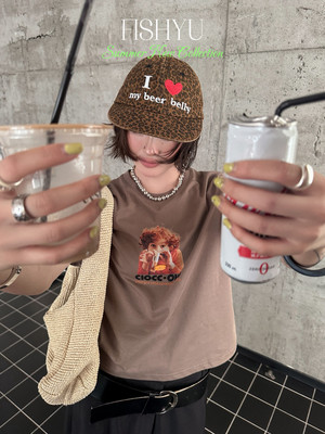 FISH YU夏美式复古卷毛立体小标字母宽松圆领短版短袖T恤26207