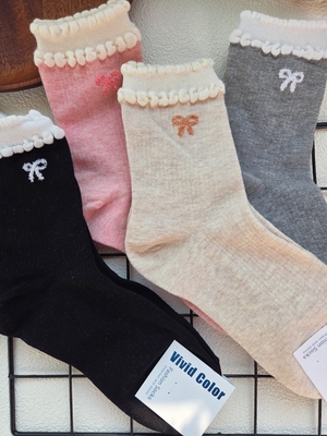 韩国vivid进口女袜蝴蝶结少女百搭袜子东大门中筒纯色棉袜5211