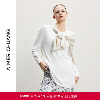 AIMER CHUANG26春夏女士空气冰奶皮圆领长袖宽松上衣CA722261