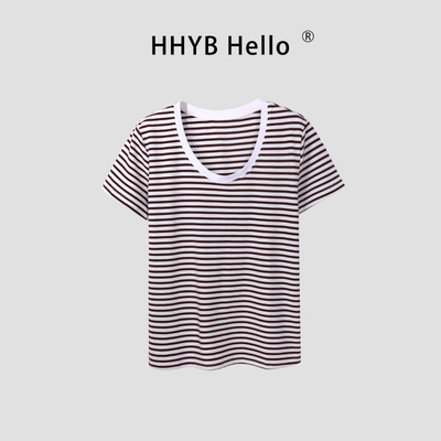 条纹U领常规短袖小飞袖T恤上衣