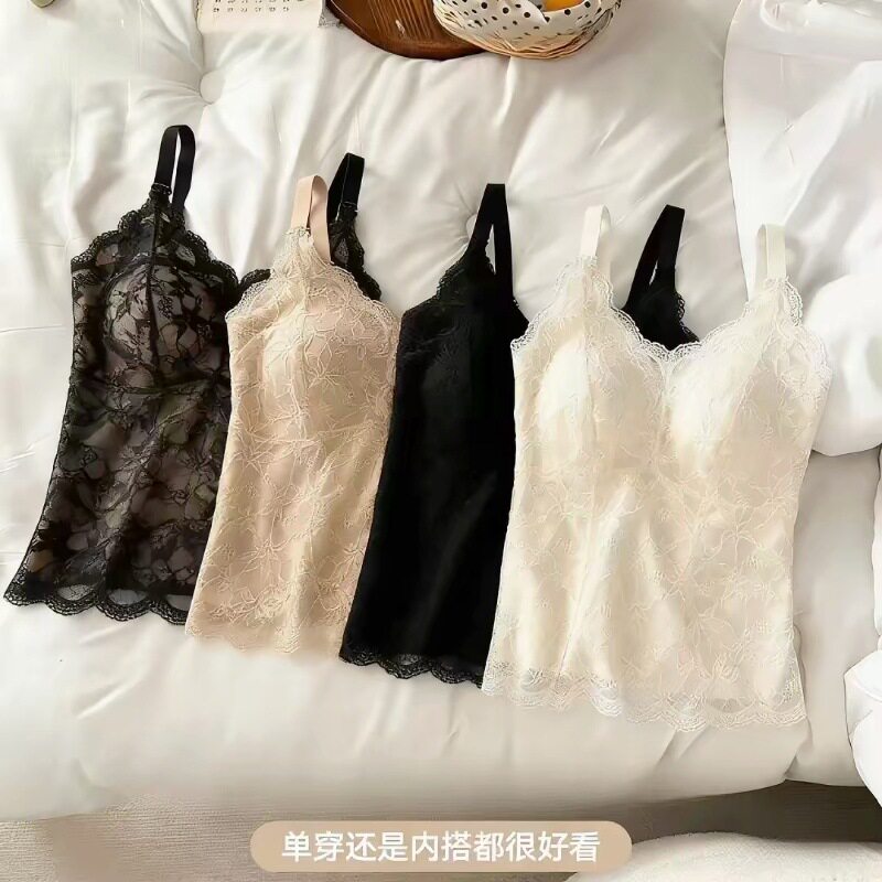 夏天加肥加大版胖MM蕾丝美背吊带背心百搭带胸垫一体内搭打底衣衫