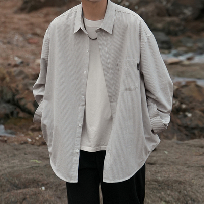 春季2026新款日系复古条纹衬衫男生潮流春秋百搭简约宽松长袖衬衣