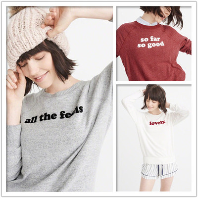 Abercrombie甜美学院Fitch经典棉纤维女圆领长袖字母植绒现货磨毛