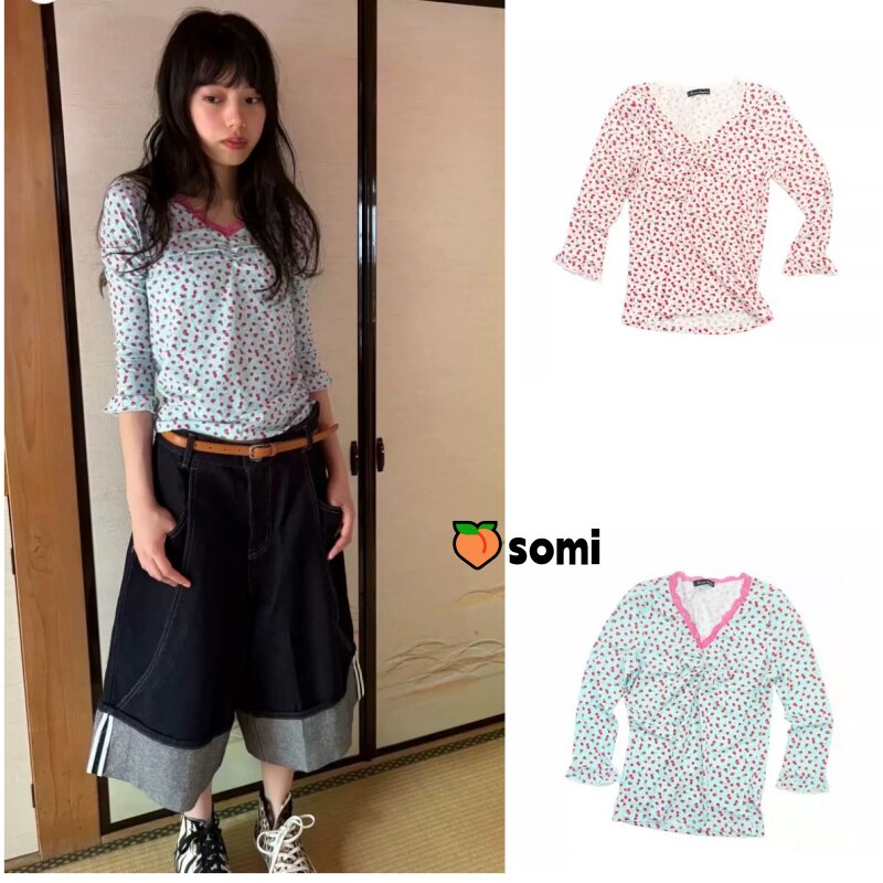 somi家直邮~韩国设计师品牌faerie草莓印花修身蕾丝T恤fees系列6