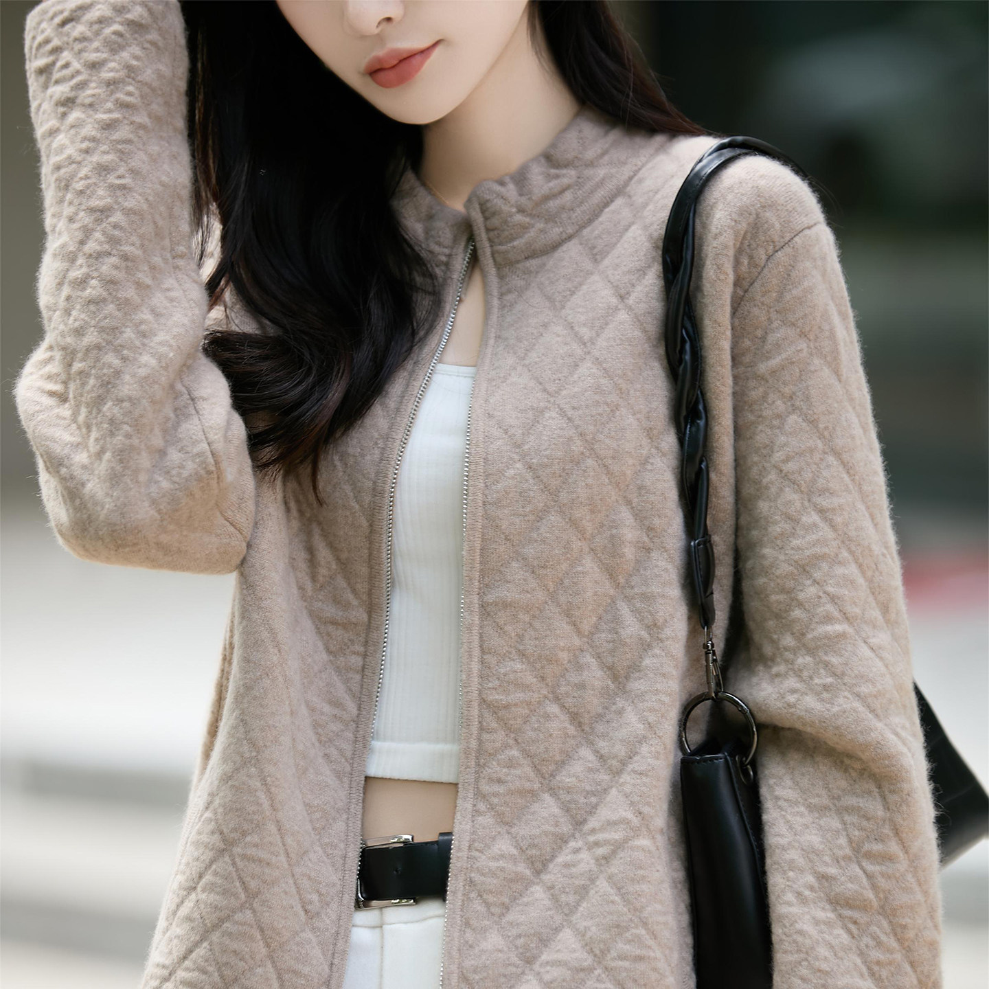 秋冬新款双拉链羊毛开衫棉服女宽松立领长袖外套休闲款菱格纹上衣