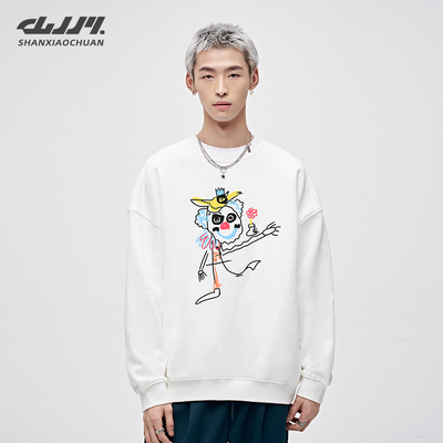 山小川潮牌卫衣男款冬季无帽长袖宽松小丑涂鸦青少年加绒圆领上衣