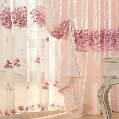 粉色绣花窗帘布料成品公主简约欧式遮光客厅卧室落地飘窗纱帘定制