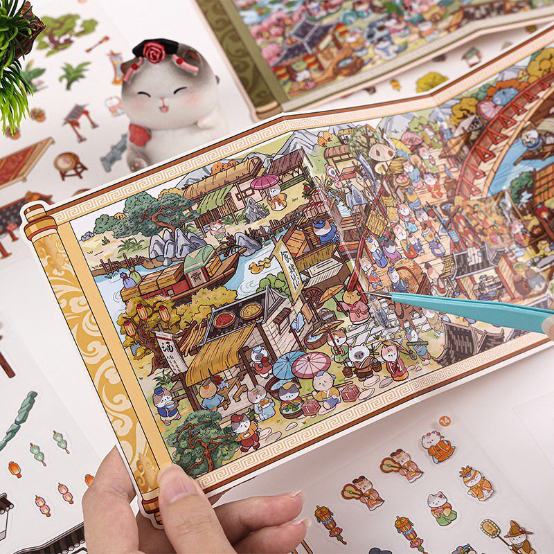 穿越名作卷轴大尺寸立体造景贴纸沉浸式中国风手工堆叠拼贴场景