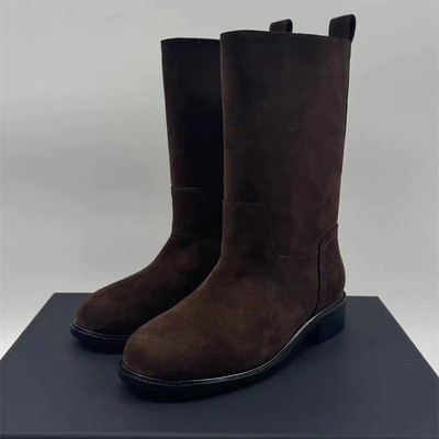 韩国小众HOWUS靴麂皮绒面中筒靴女冬季加绒圆头直筒骑士靴牛仔靴