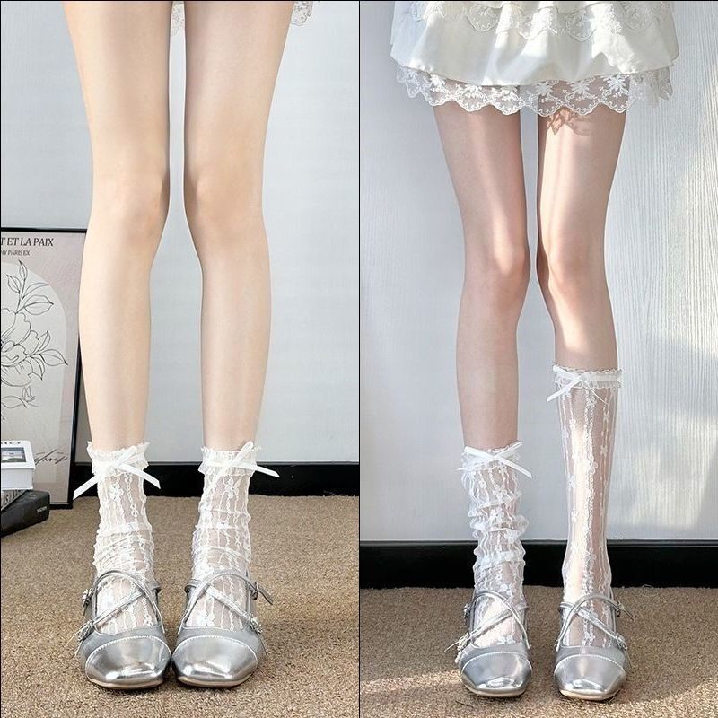 玛丽珍百搭jk少女夏季提花小腿泡泡袜蕾丝花边蝴蝶结甜美中筒袜子