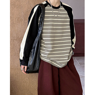 橘芷2024秋季新款欧货撞色设计感条纹宽松休闲显瘦长袖卫衣5506