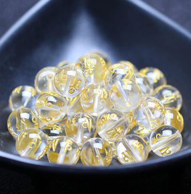 天然白水晶六字真言烫金佛珠手链