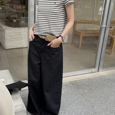 T.G-春莫代尔天丝牛仔.轻薄垂感极简高腰阔腿牛仔裤(配腰包)26308
