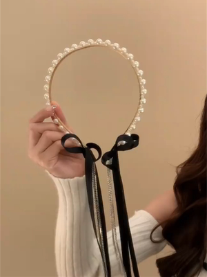 法式复古珍珠闪钻流苏发箍女