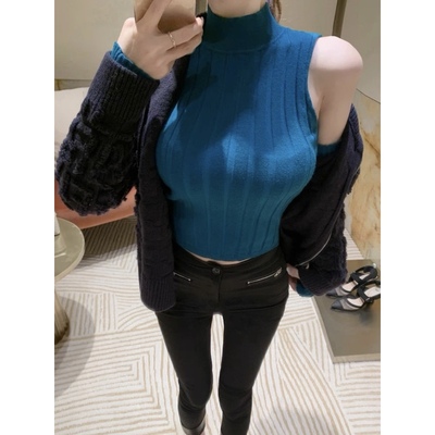 sugar *peacock blue*巨显白半高领螺纹针织送袖套内搭背心上衣