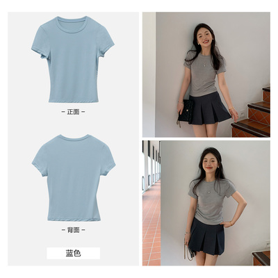 圆领短袖t恤女弹力收腰修身
