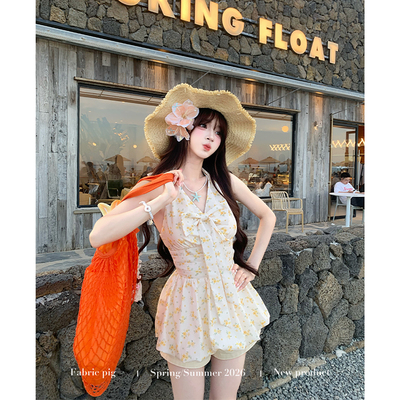 甜美碎花挂脖背心T恤女无袖上衣