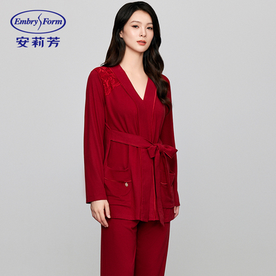 安莉芳V领套头款蕾丝边质感系带上下套睡衣女士家居服套装EL00810